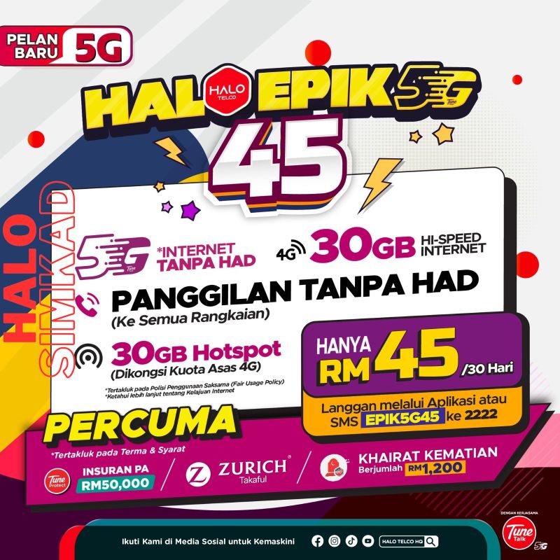 💥DATA 5G TANPA HAD💥 Pelan HALO EPIK5G 45 Simkad Halo Telco Tune Talk ...