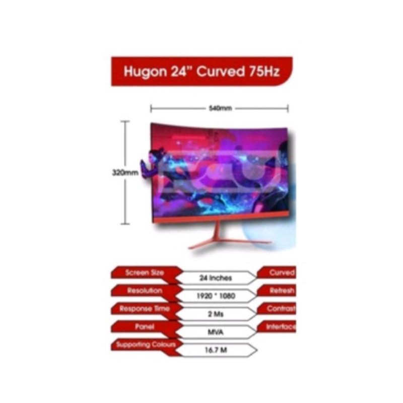 Hugon 24" Curved Monitor, Viewsonic 19" Monitor, Acer Aopen 21.5 ...