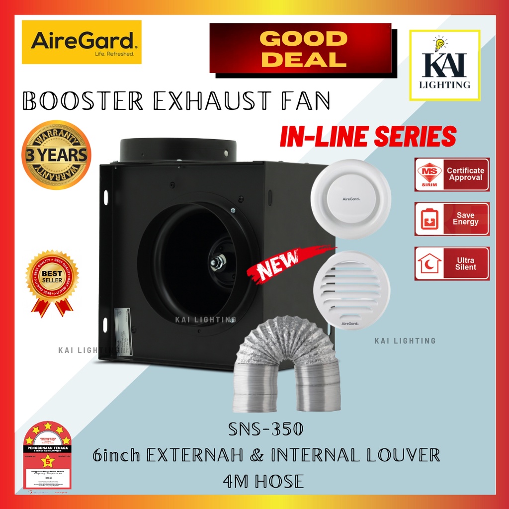 AireGard SNS 350 SNS-350 6" inch In-line Ceiling Air Ventilation Exhaust Fan Silent Quiet Kipas ...