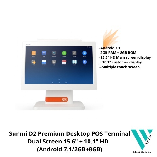 Sunmi D2 Premium Desktop POS Terminal Dual Screen 15.6" + 10.1" HD (Android 7.1/2GB+8GB ...