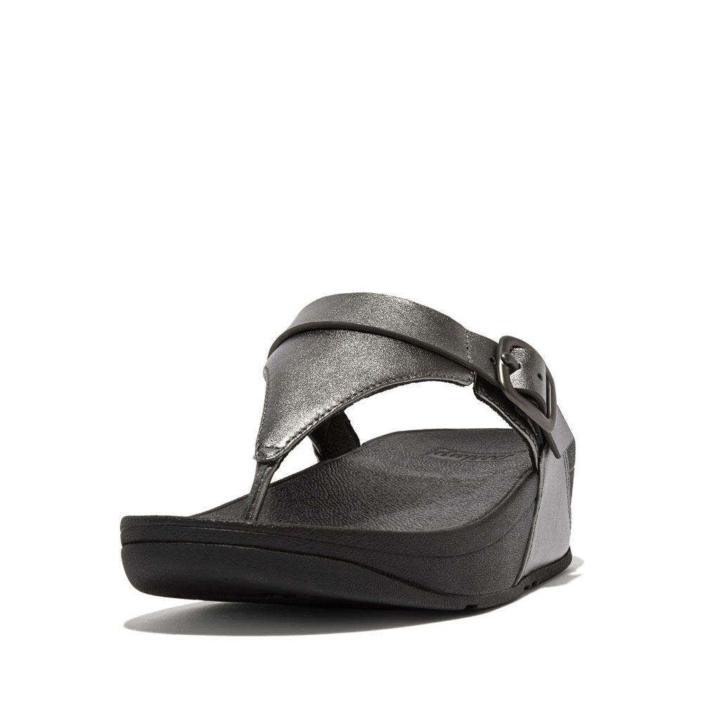 FitFlop LULU Adjustable Metallic-Leather Toe-Post Sandals - Classic Pewter Mix (ES8-A68 ...