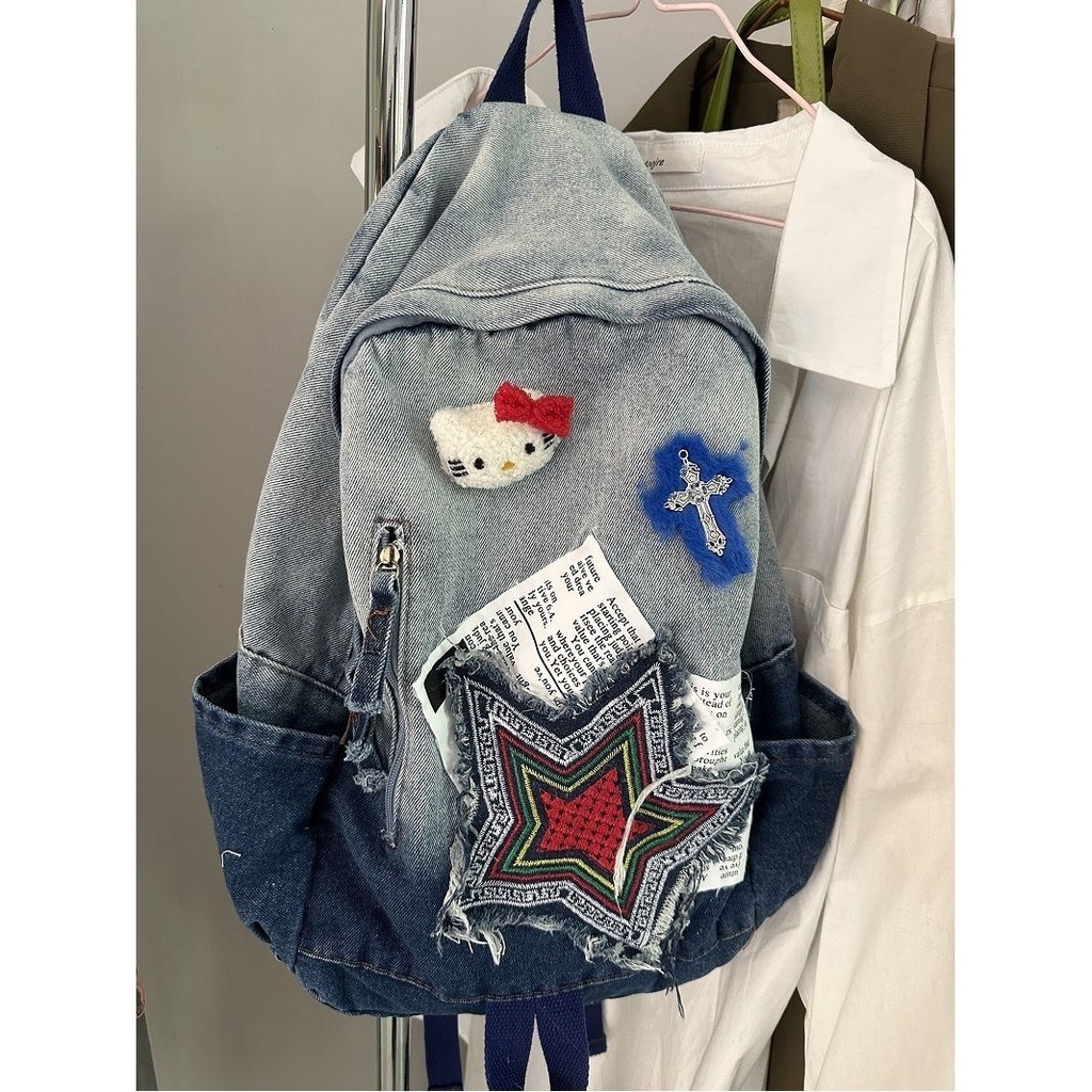 Hello Kitty New Denim Bags Women Men Hip Hop Style Fashion Backpacks ...