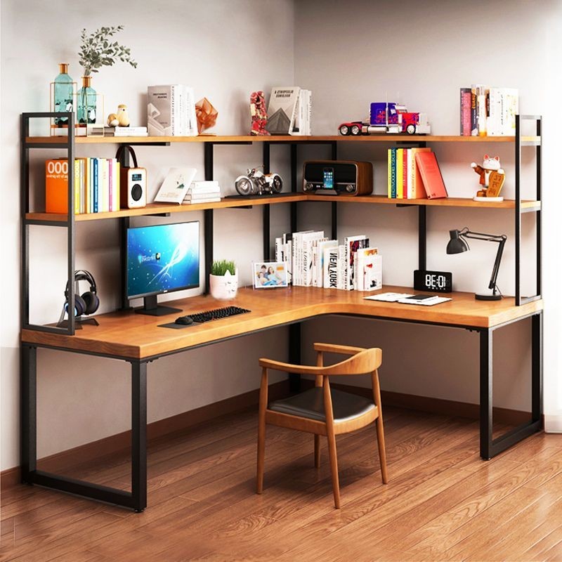 J-H/ Solid Wood Corner Desk Bookshelf Integrated Table Combined ...