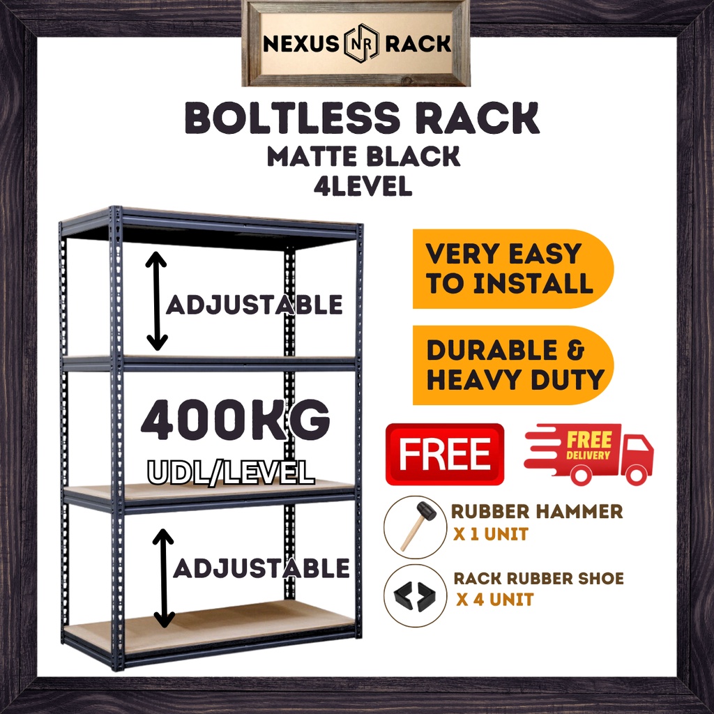 NEXUS [Black] 4-Level Boltless Heavy Duty Rack Besi Rak Barang Rak ...