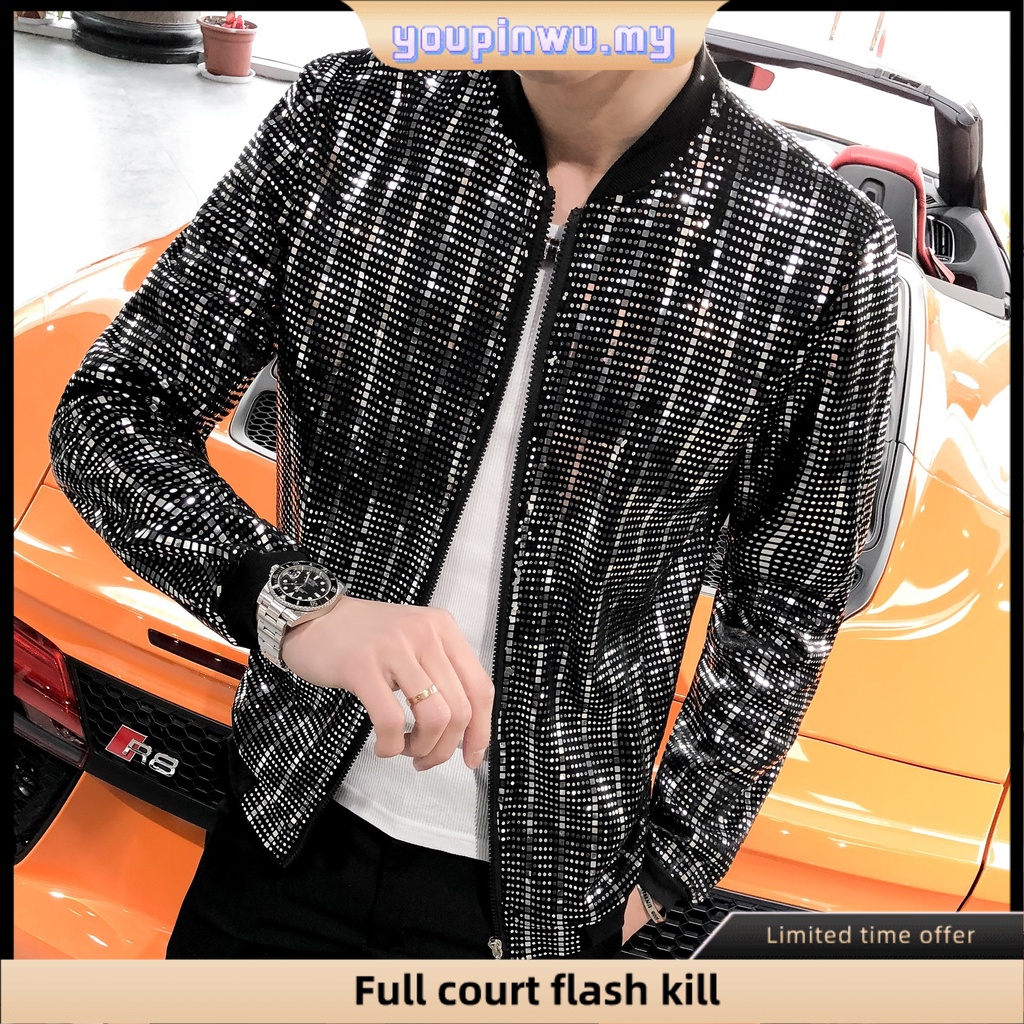 RNSE Men Shiny Sequins Long Sleeve Zip Pocket Nightclub Singer Jacket ...