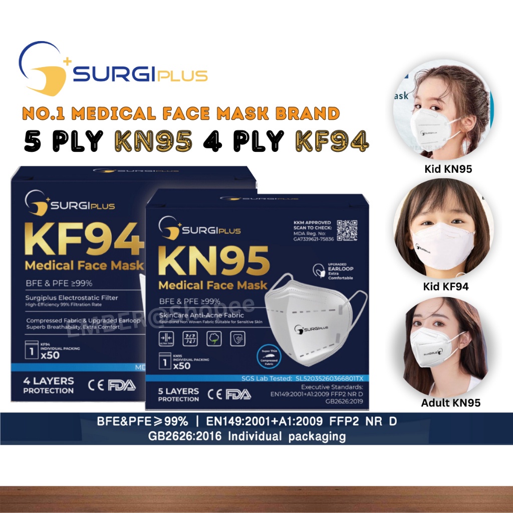 SURGIPLUS KN95 KF94 5 Layer 4 Layer Surgical Medical Face Mask Adult/Children (50pcs/Box ...