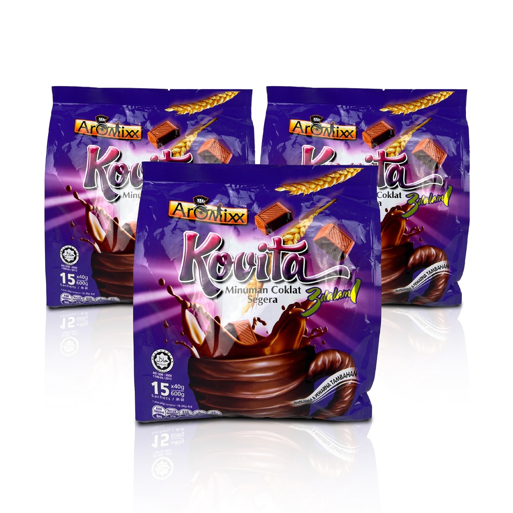 Aromixx Kovita Instant Chocolate & Malt Drink 3 in 1 (40g x 15 sachets) 600g x 3 Packs, High ...