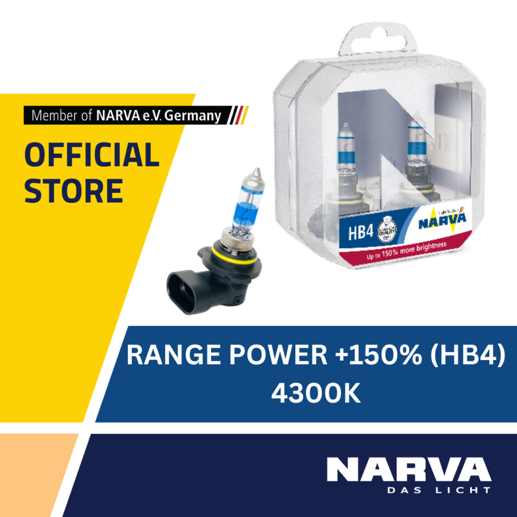 NARVA Germany HB4 (9006) Range Power +150% Brightness 4300K Halogen Headlight Bulb (12V 51W ...