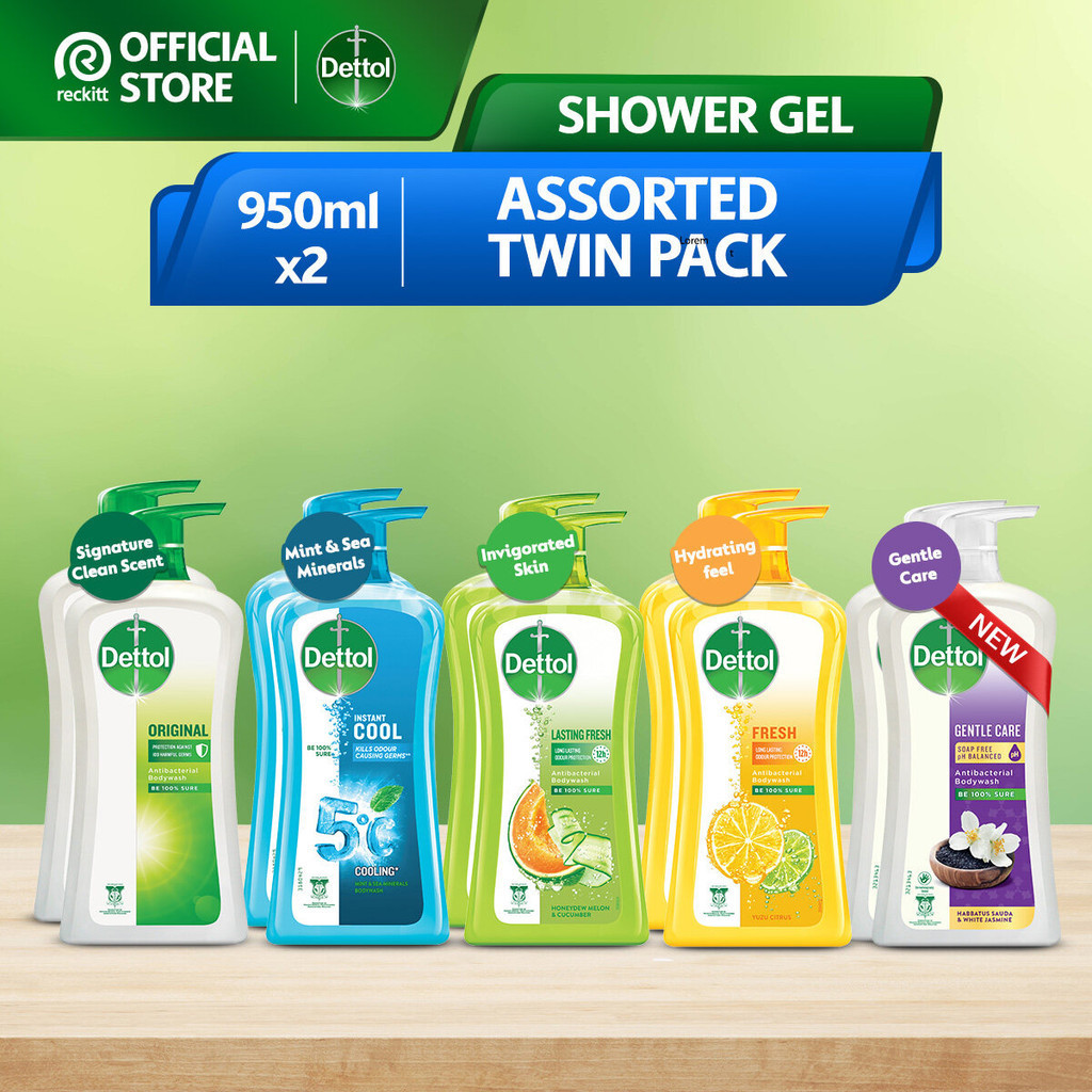 Dettol Shower Gel/Antibacterial Body Wash 950ml x2 Twin Pack (Original/Instant Cool/Fresh ...