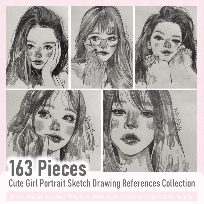 🔥 Digital Illustration Collection - Cute Girl Portrait Sketch Drawing ...