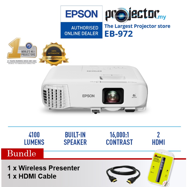 Epson EB-972 XGA 4100 lm 3LCD Projector With Free HDMI Cable and HDMI Wireless Dongle | Shopee ...