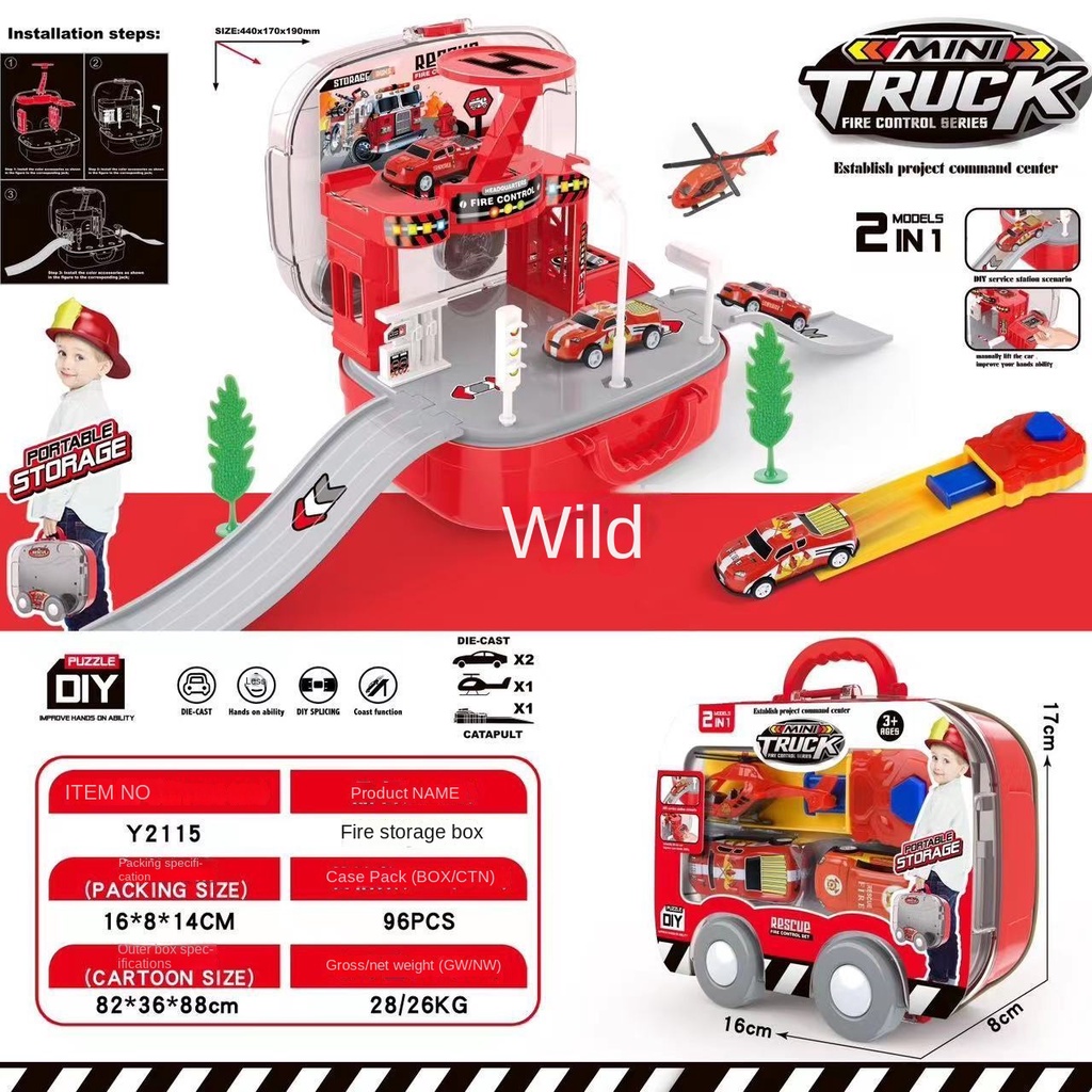 Fire Rescue Police Car Track Vehicle Toy Tote Track Cars Parking Garage ...