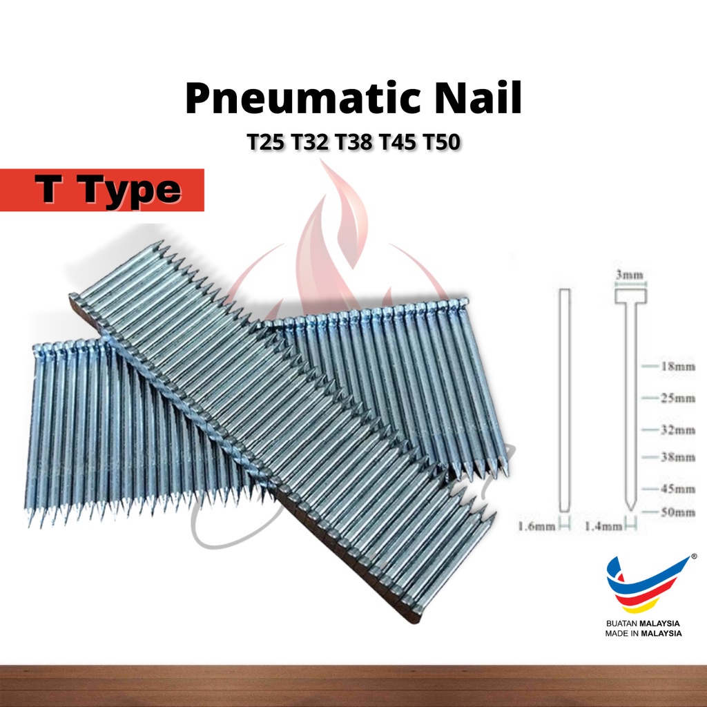 Premium T Type Wood T25 T32 T38 T45 T50 16 Gauge T Type Pneumatic Tacker Brad Air Nail | Shopee ...