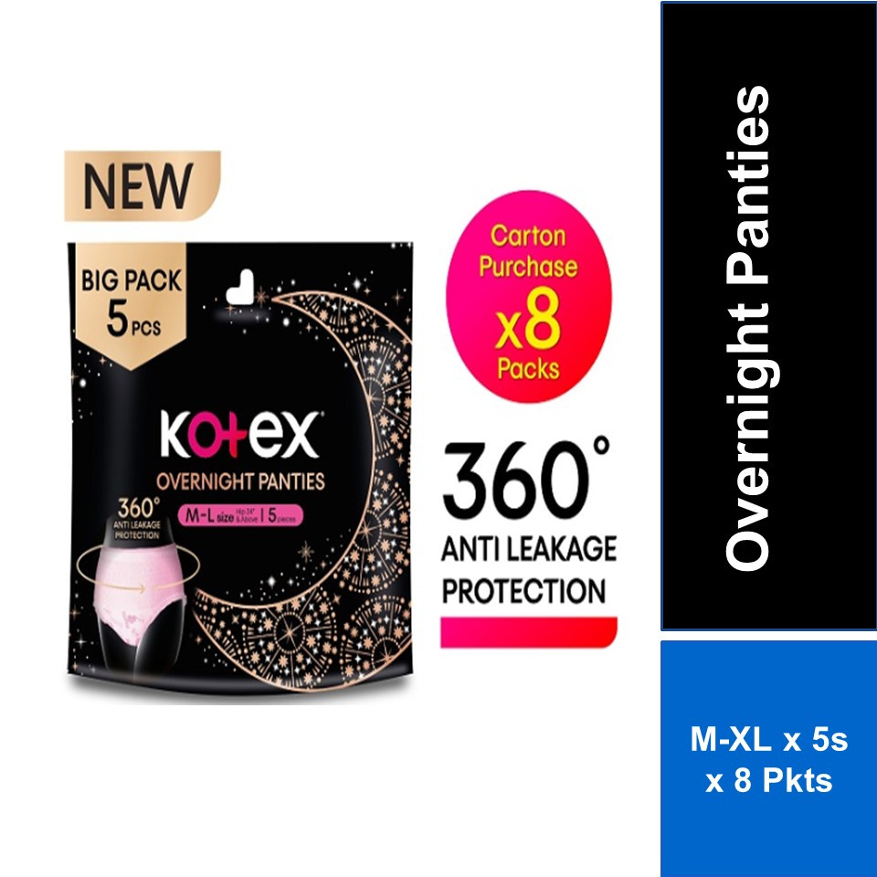 Kotex Overnight Panties M-L / L-XL (5s x 8 Packs) - Period Panties with 360 Anti-Leakage ...