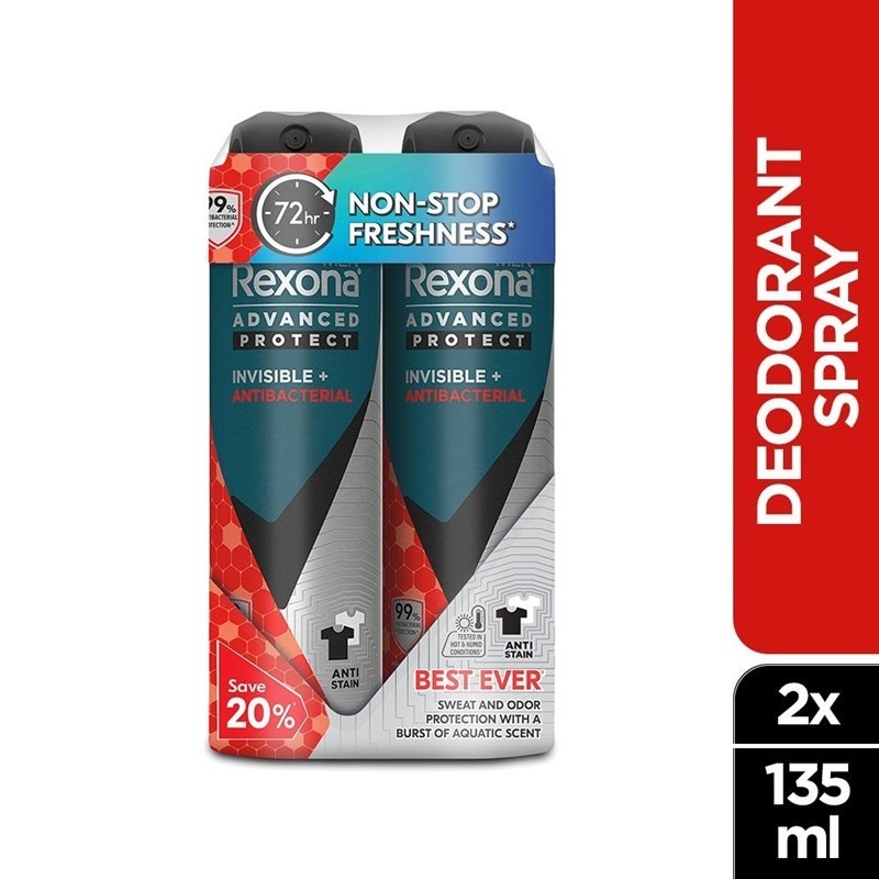 Rexona Men Spray Deodorant Invisible + Antibacterial 2x150ml Twin Pack ...