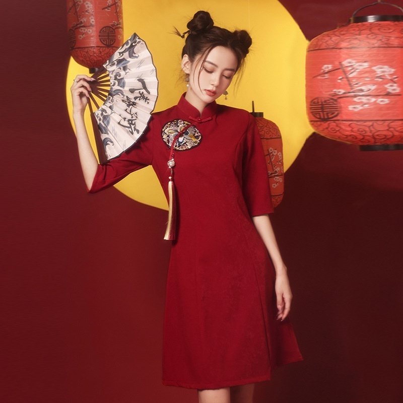 Cheongsam 2024 New and Modern Style Cheongsam Red Dress Women's Short ...