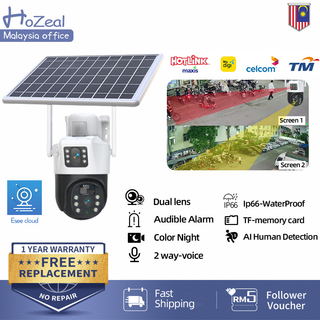 Esee Cloud Solar CCTV 8MP Dual Lens CCTV 4G SIM Card Solar Battery ...