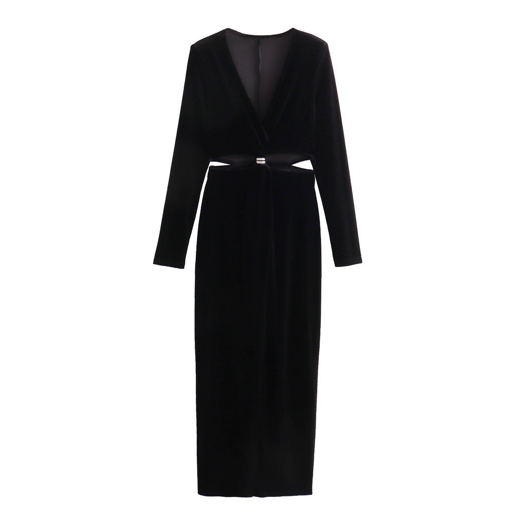 DMAutumn New European and American Open Design Velvet Long Sleeve Midi ...