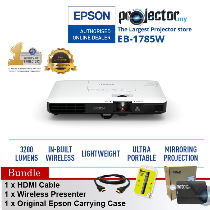 EPSON EB-1785W 3200 LUMENS WXGA WIFI/WIRELESS 3LCD PORTABLE SLIM PROJECTOR, Carrying Case ...
