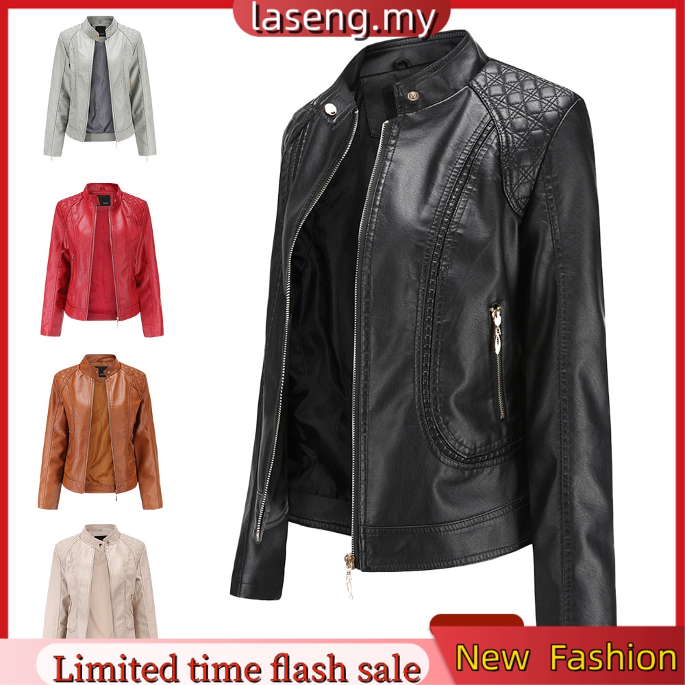 Jaket Wanita Women PU Leather Jackets Motorcycle Solid Standing Collar ...