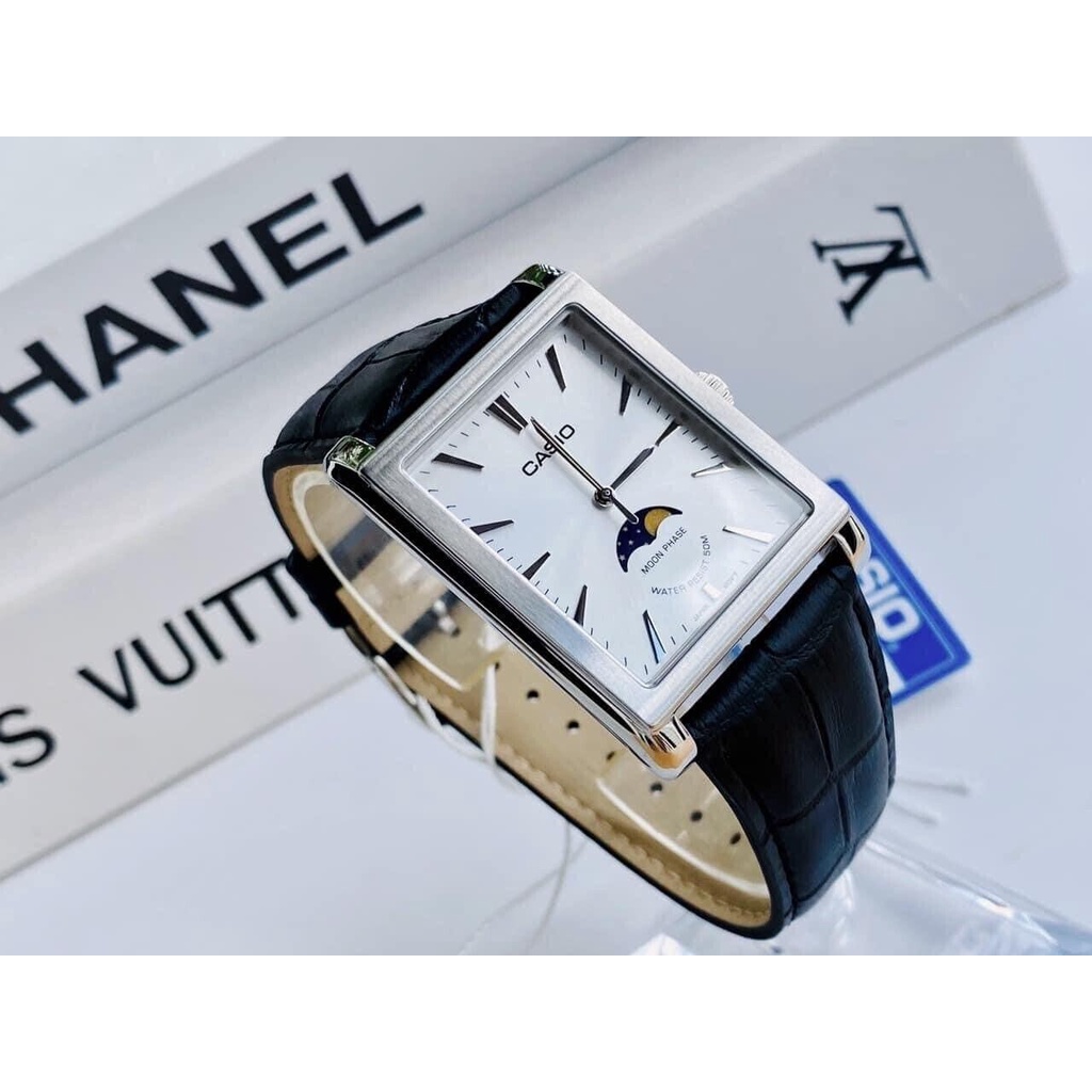 Casio MTP-M105L-7A Silver Analog Moon Phase Rectangle Leather Casual ...