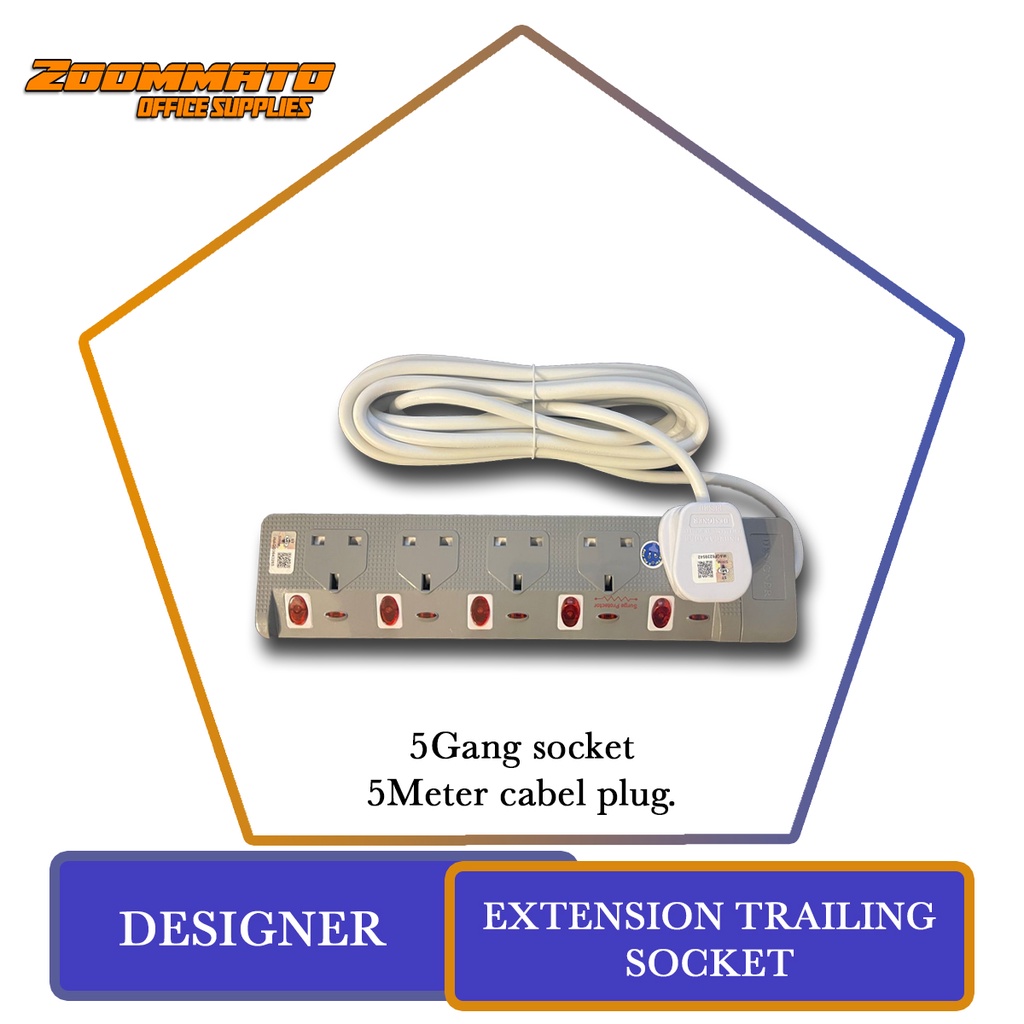 Designer 13a 5 Gang 5 Meters Power Extension Trailing Socket C W Surge Protector [sirim Approval