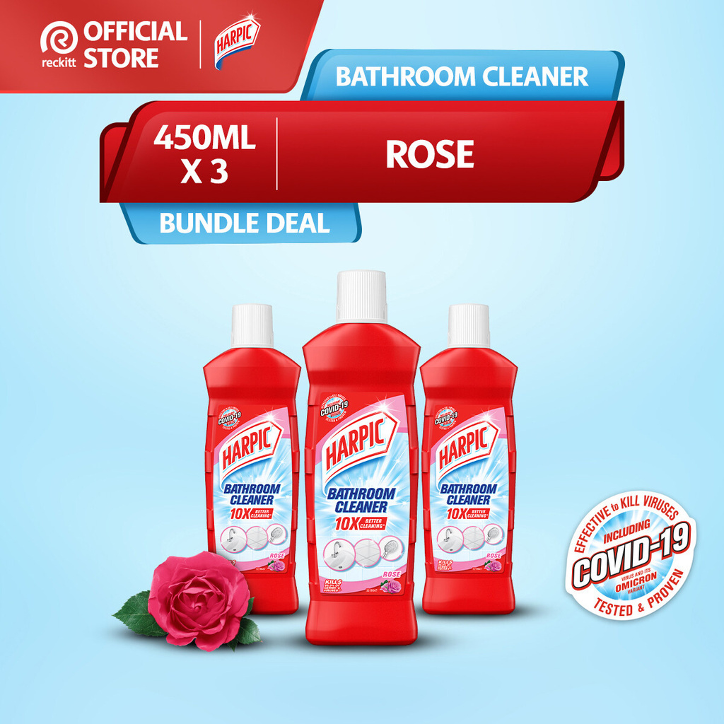 Harpic Disinfectant Bathroom Cleaner Rose (450ml x 3) [Removes tough ...