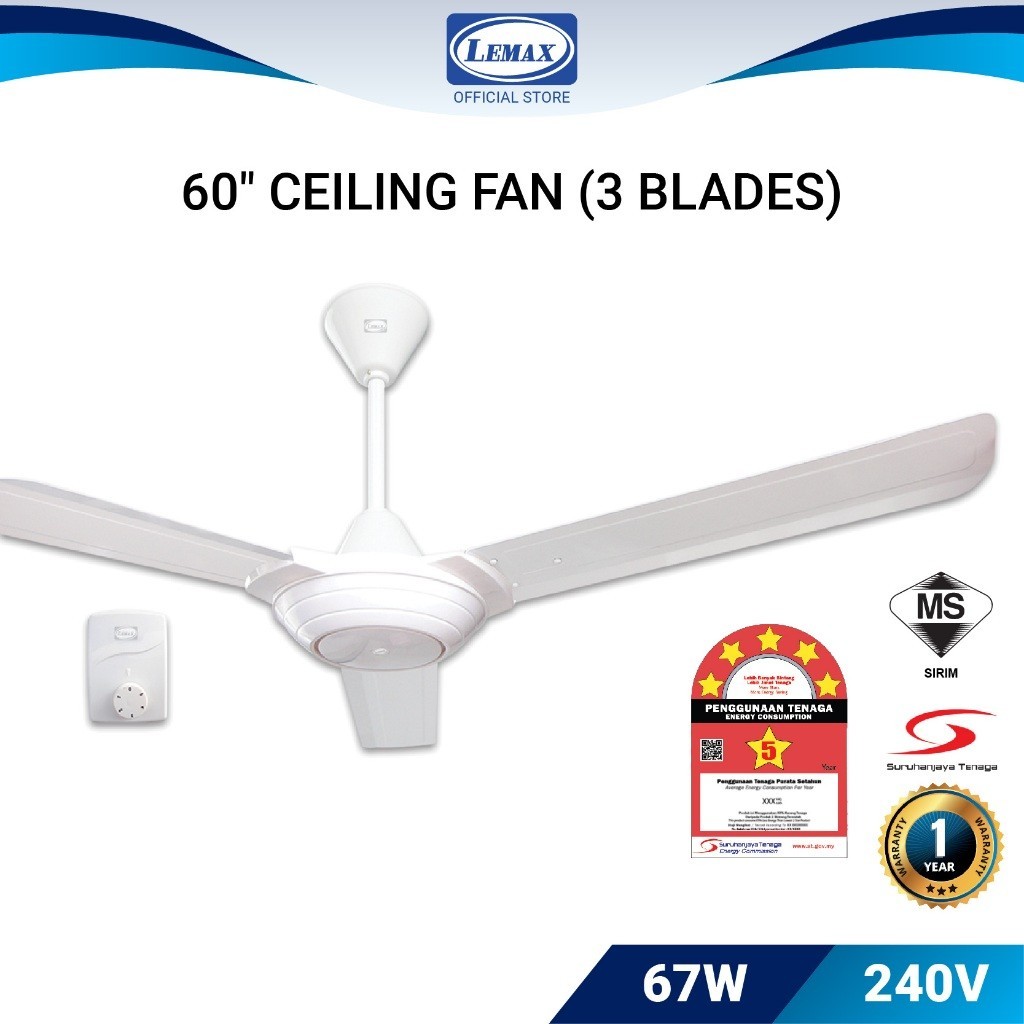 [SIRIM] LEMAX 60" Inch Ceiling Fan Kipas Siling 3 Blade 5 Speed ...