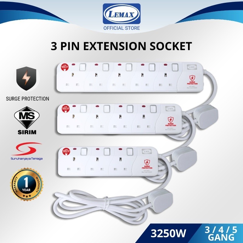 [SIRIM] LMX 3, 4, 5 Gang Extension Socket 3 Pin Surge Protection (2M ...