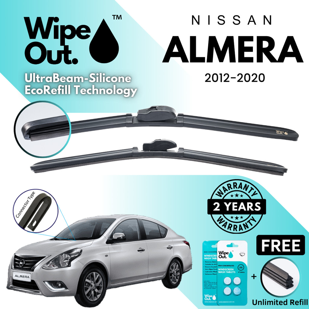 [PREMIER] WipeOut UltraBeam Silicone EcoRefill-Technology Wiper Nissan Almera 2012 -2020 (Front ...