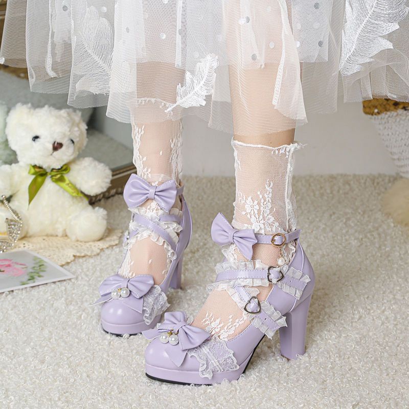 Original Student Lolita High Heels Bowknot Girl Sweet Chunky Heels ...