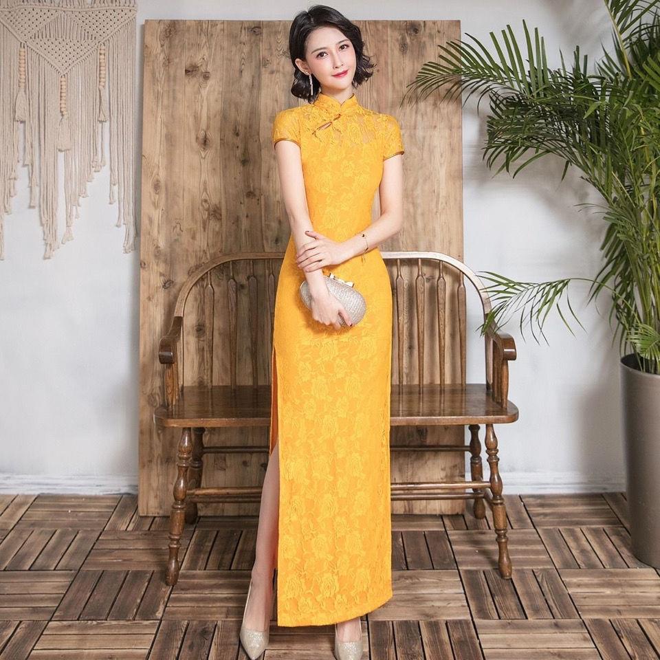 Lace Cheongsam Dress Orange Vintage Chinese Traditional Short Sleeve ...