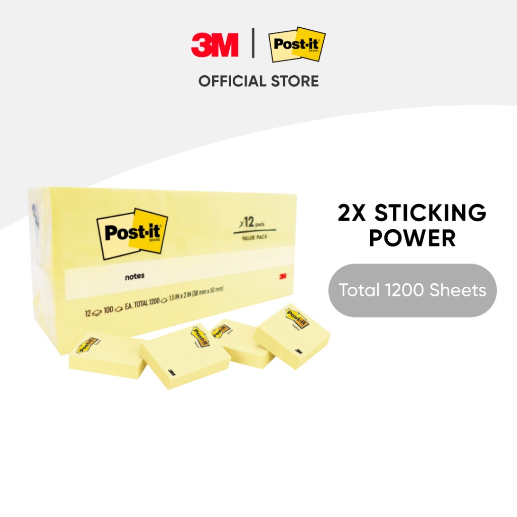 3M™ Post-it® Sticky Notes, 2x Sticking Power, 12 pads/pack, 1.5in x 2in ...