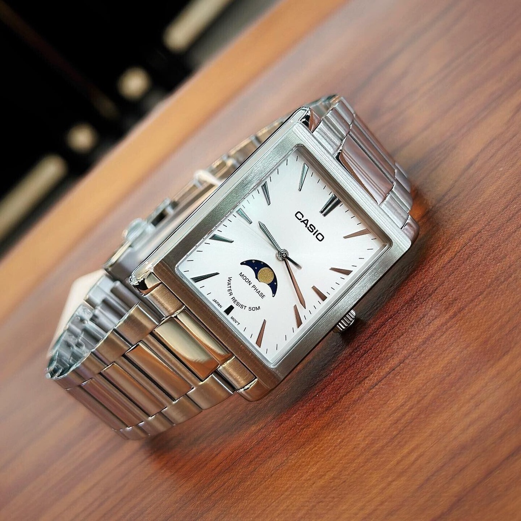 Casio MTP-M105D-7A Silver Analog Moon Phase Rectangle Men's Casual ...
