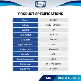 LMX 13A USB-A & USB-C Multi Switch Socket Wall Socket 2 x USB Socket ...