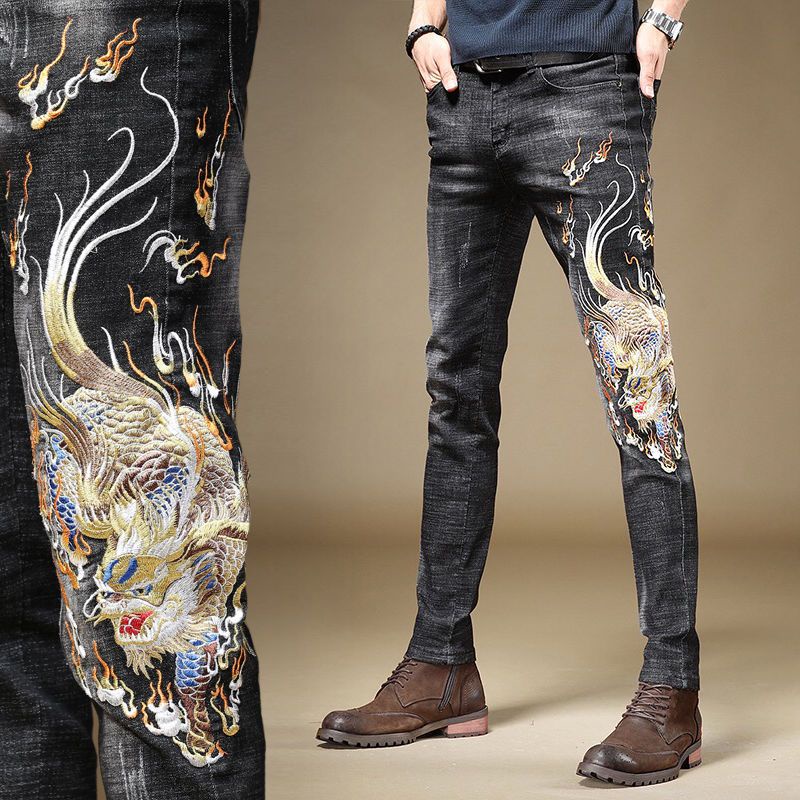Chinese Style High-End Embroidered Jeans Men S Stretch Slim Pattern ...
