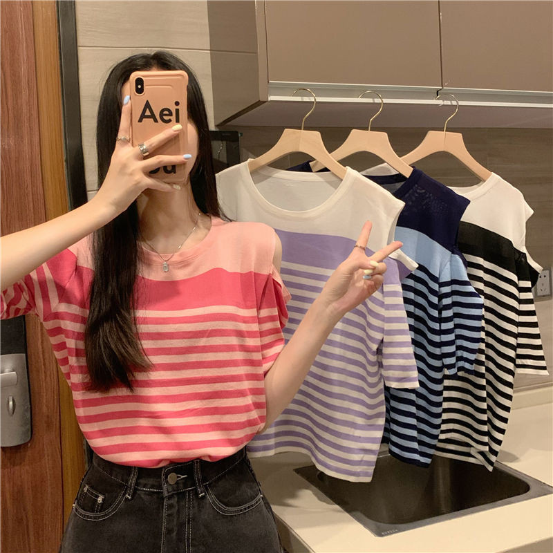 [you Are Beautiful ]round Neck Pullover Stripes Color Blocking Off The