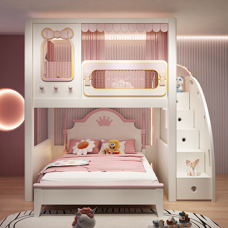 ST-⛵Princess Bed Upper and Lower Bunk Height-Adjustable Bed with Desk ...