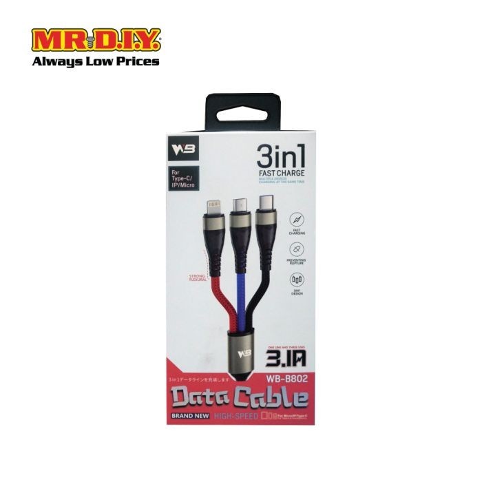 WB 3 in 1 Multi-Port USB Fast Charging Data Cable WB-B802 3.1A (1.2M ...