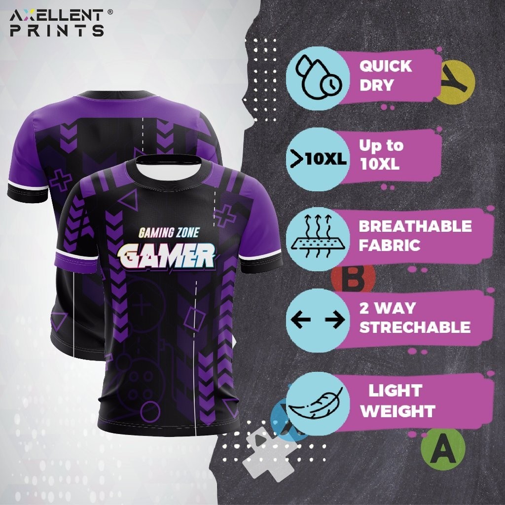 Axellent Prints Gaming Glitch Gamer Purple Black ungu hitam baju jersey ...