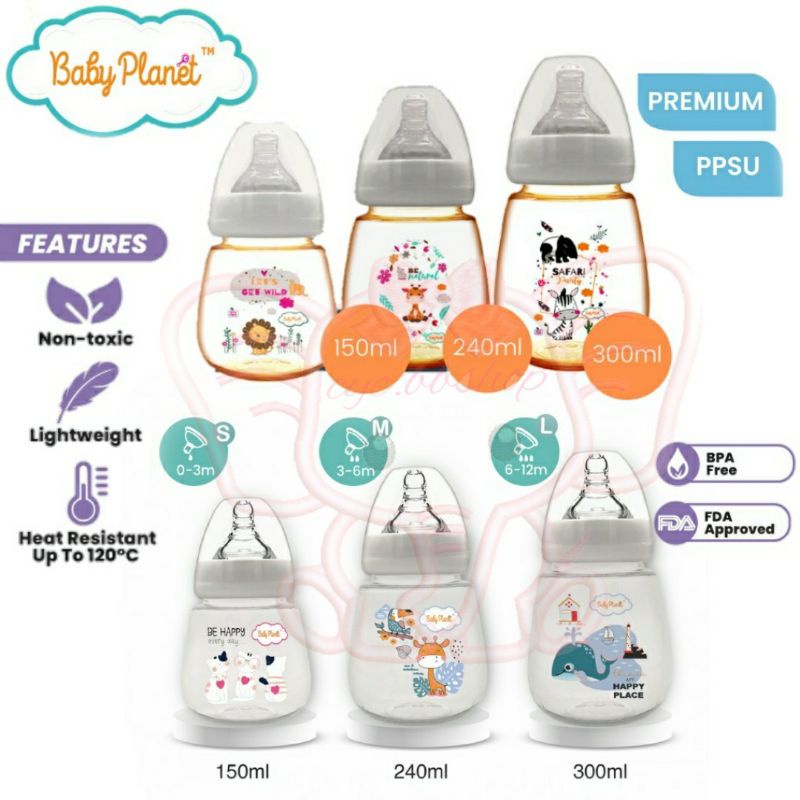 Baby Planet PPSU,PP Premium Bottle BPA Free Wide Neck Soft Teat (150ml/250ml/300ml) | Shopee ...