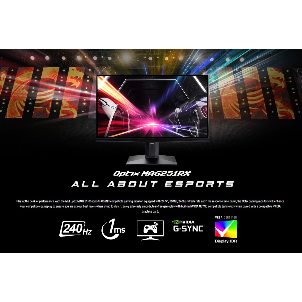 MSI Optix 25In MAG251RX FHD(1920 x 1080) IPS , 1MS , 240Hz , HDR 400 ...