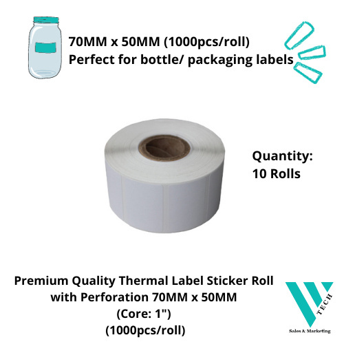 Barcode Label Thermal Sticker Roll 70MM x 50MM 1" Core with Perforation ...