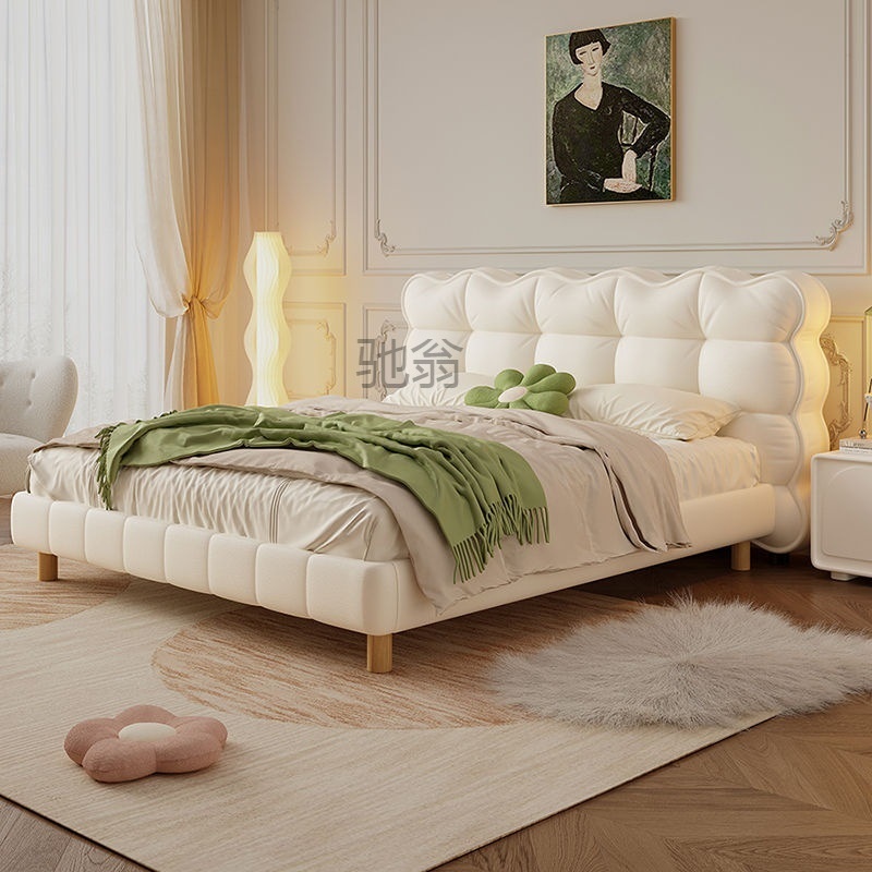 French Cream Style Puff Bed Modern Minimalist Master Bedroom Leather ...