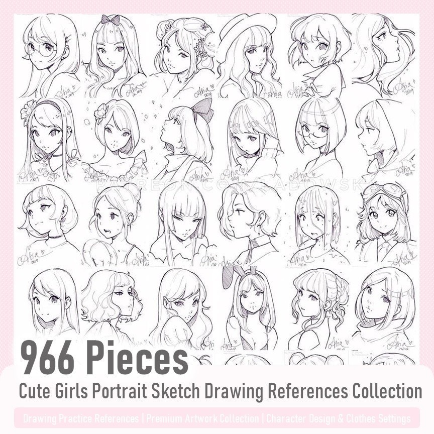 🔥 Digital Illustration Collection - Cute Girls Portrait Sketch Drawing ...