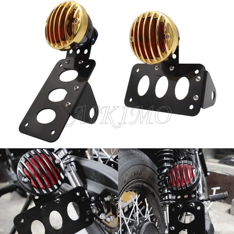 Gold Motorcycle Side Mount Tail Light w/ License Number Plate Bracket ...