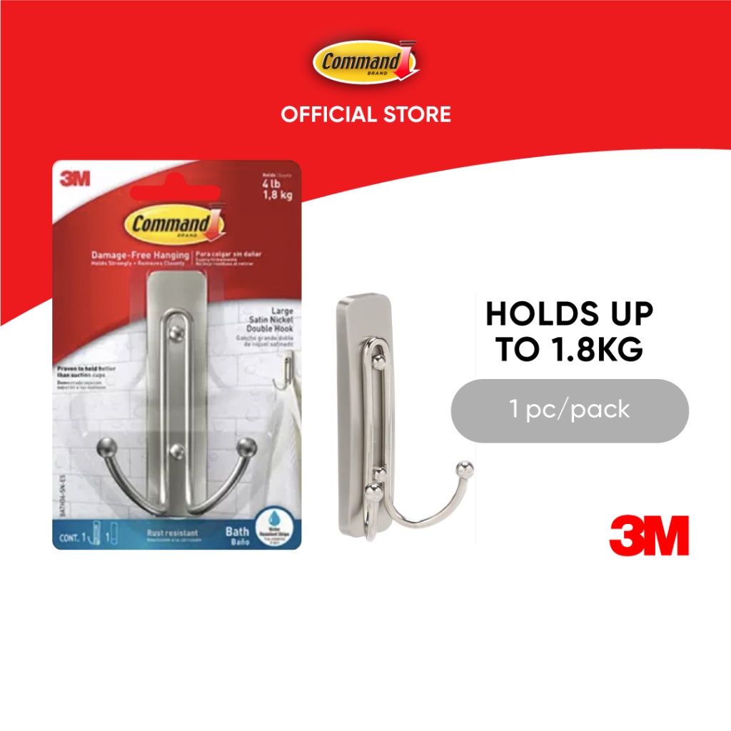 3M™ Command™ Large Satin Nickel Double Hook, BATH36-SN-ES, Holds Up to ...