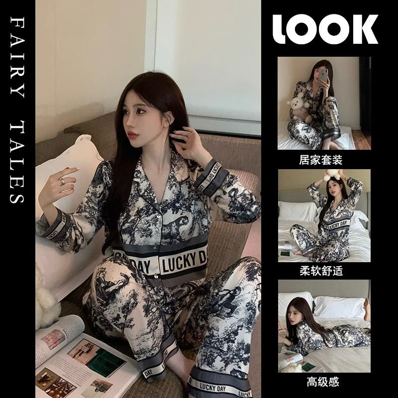 Sleepwear Ink Painting Long-Sleeved Long Pants Pajamas Women Homewear ...