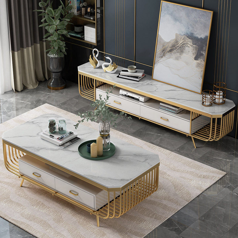 ST-⛵Marble Coffee Table TV Cabinet Combination Furniture Set Nordic ...