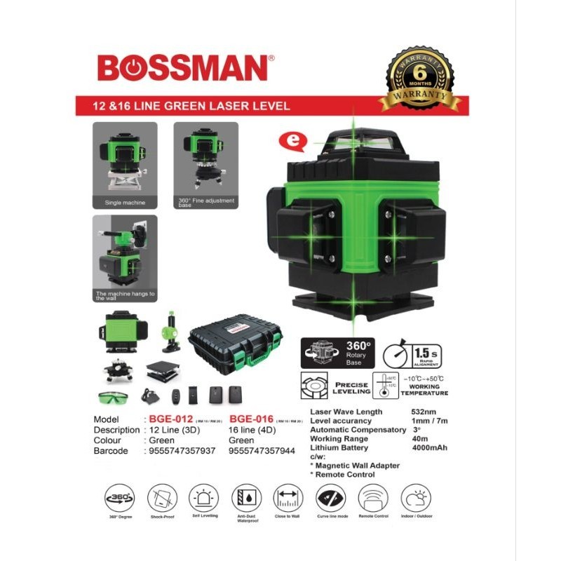 BOSSMAN BGE-016 Professional 4D Laser Level Line Laser Measuring Tool ...